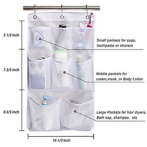 KIMBORA Mesh Shower Organizer Hanging Bathroom Caddy 8 Pockets Hang Curtain Rod with 3 Rings