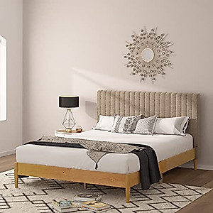 ZINUS Amelia Wood Platform Bed Frame with Upholstered Headboard / Solid Wood Bed / No Box Spring Needed / Easy Assembly, Queen