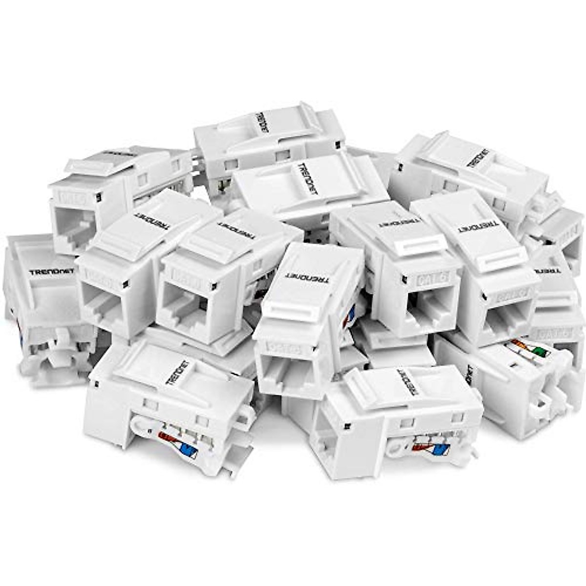 TRENDnet Cat6 Keystone Jack, 25-Pack Bundle, 90° Angle Termination, Compatible with Cat5, Cat5e, Cat6 Cabling, Color-Coded Labeling, Gold-Plated Contacts, Tool-Less Design, White, TC-K25C6