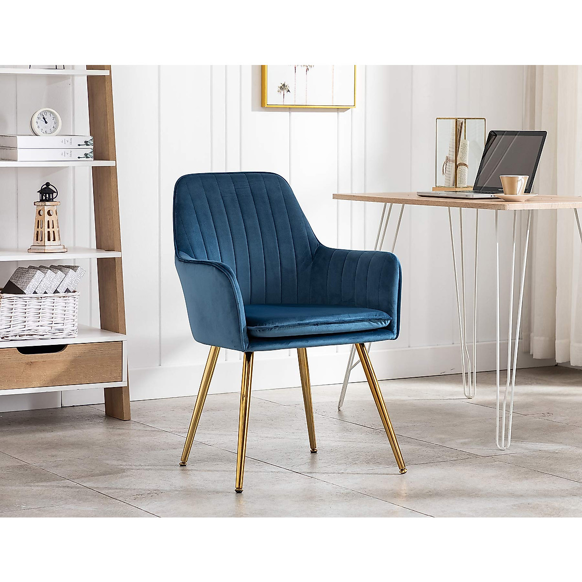 Artechworks Velvet Modern Living Dining Room Arm Chair for Home Office Club Leisure Guest Lounge Bedroom Upholstered with Gold Metal Legs, Blue, 1pcs Chair