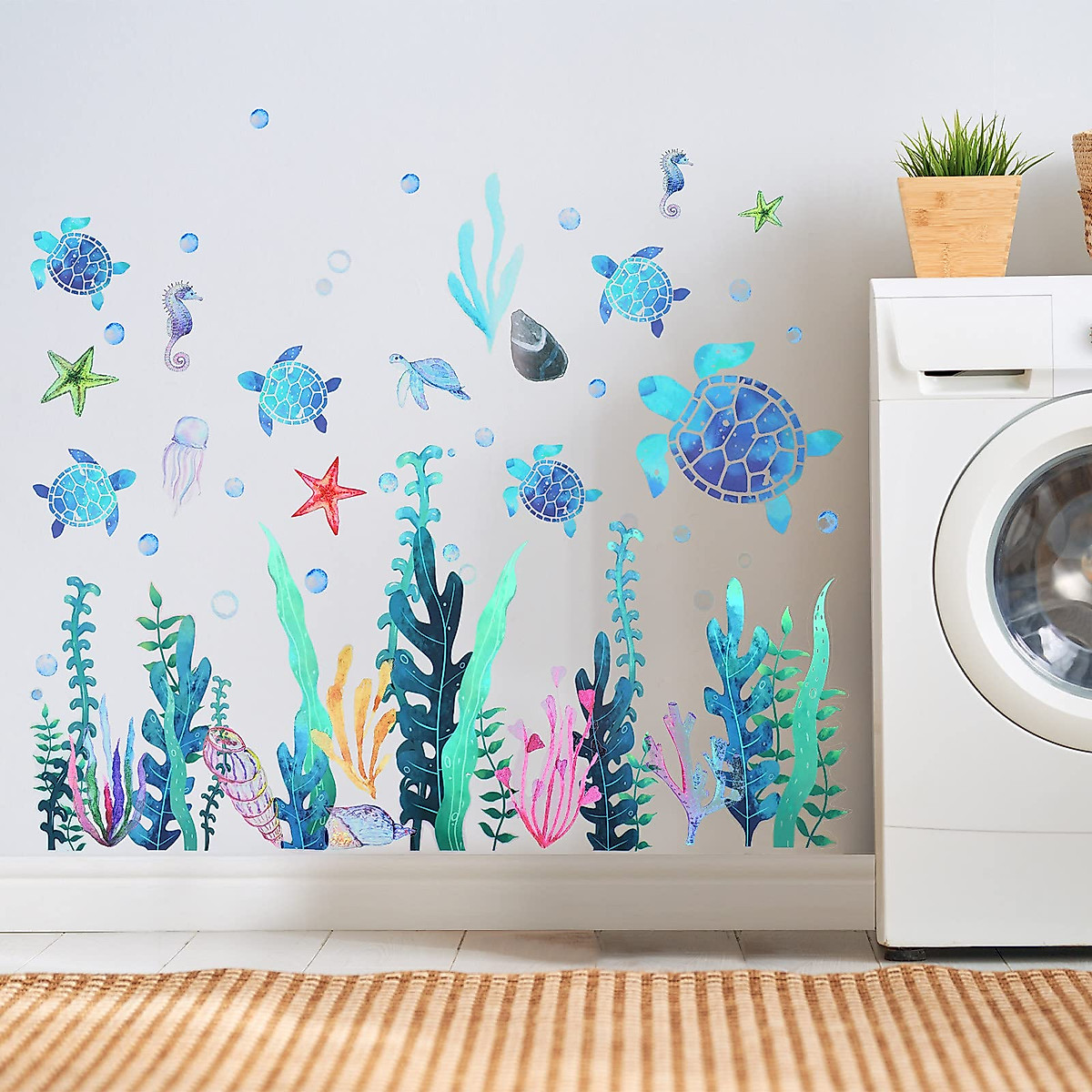 Marspark Under the Sea Wall Decals 3 Sheets Sea Turtle Wall Stickers Ocean Animal Wall Art Decals Underwater Ocean Grass Colorful Seaweed Decals Bubbles Vinyl Wall Sticker for Bedroom Living Room Home