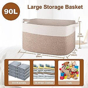 OIASKET Extra Large Laundry Basket, 90L Blanket Basket for Living Room, Cotton Rope Storage Basket, Toy Basket for Kids, Woven Basket for Clothes, Towels, Pillows, 24" x 17" x 14", Brown and White