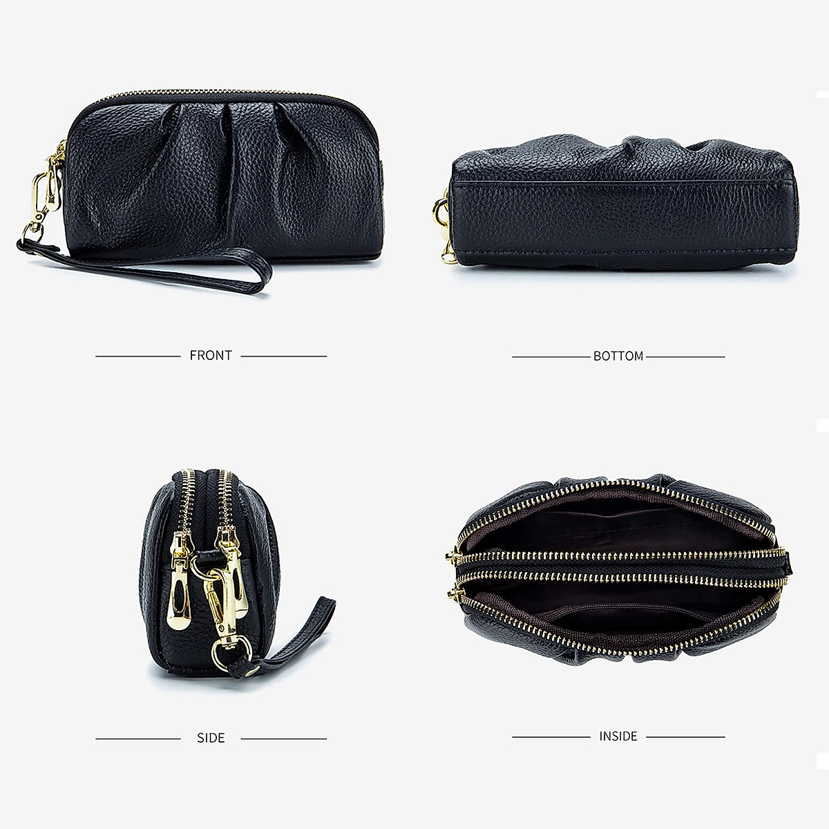 Wristlet Wallets for Women Genuine Leather Wristlet Purses Ladies Ruched Wristlet Clutch Wallet Purses, Black