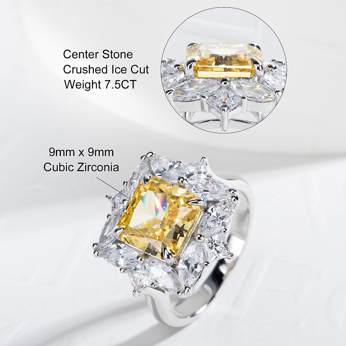 Gobaalele Radiant Cut Engagement Ring, 7.5ct 5A Cubic Zirconia Yellow Stone Citrine White Gold Plated S925 Sterling Silver CZ Promise Statement Anniversary Halo Ring Christmas gift for Women Size5.0