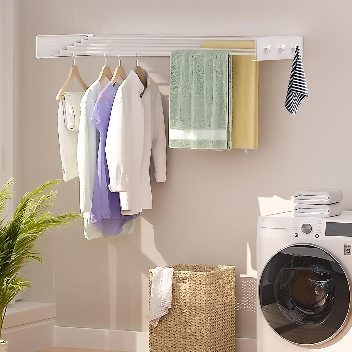 Muibe Upgrade 6 Knob Hooks Wall Mounted Clothes Drying Rack, Foldable Collapsible Wall Mount Laundry Drying Rack Indoor, Drying Rack Clothing, Towel Drying Rack with Wall Template, 5 Rods, 31.5"