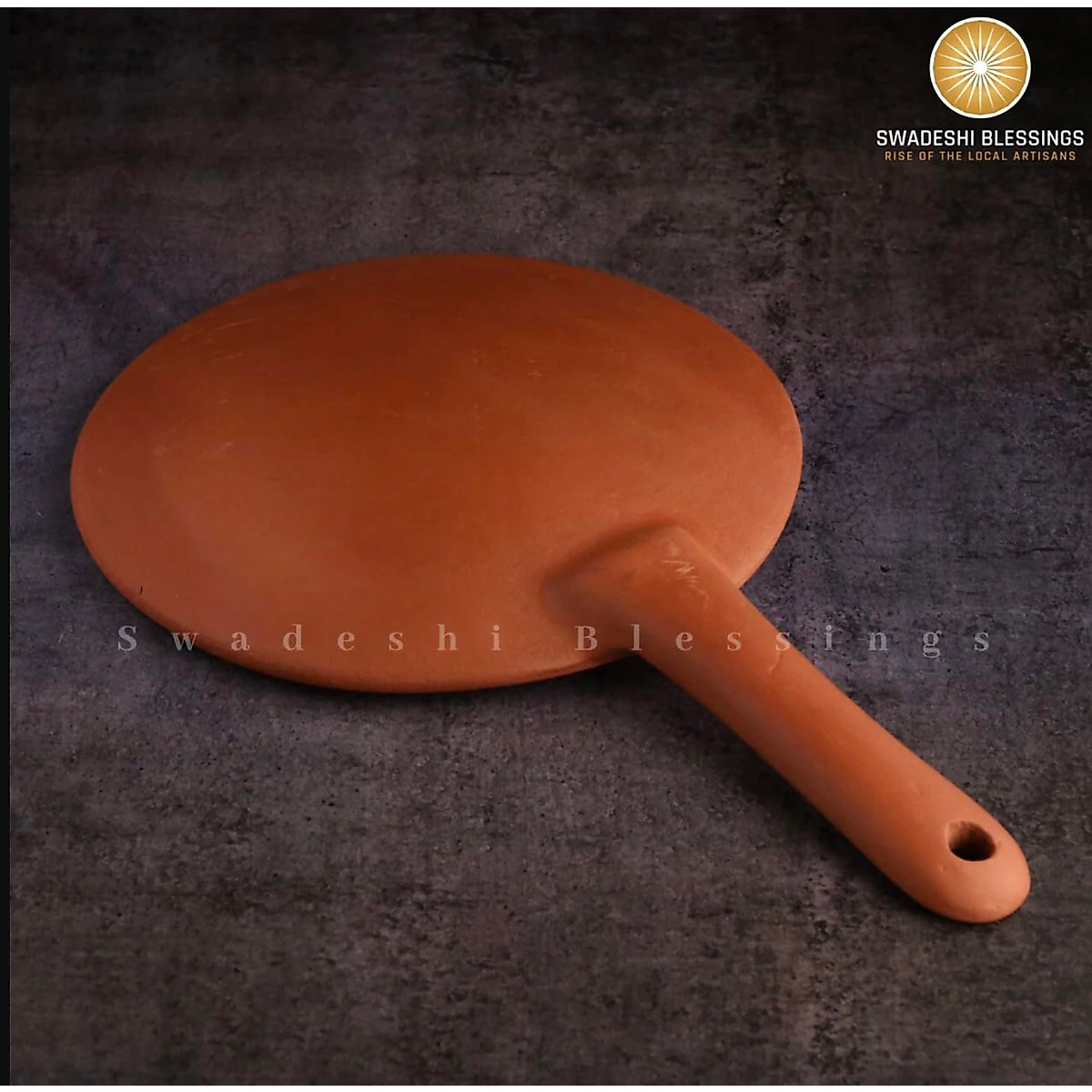 SWADESHI BLESSINGS Exclusive Range Unglazed Clay Tawa With Handle/Mitti Ke Bartan/Mud Tawa For Roti, Chappati, Paranthas/Earthen Indian Bread Maker + FREE ASH For Cleaning (9 Inches)