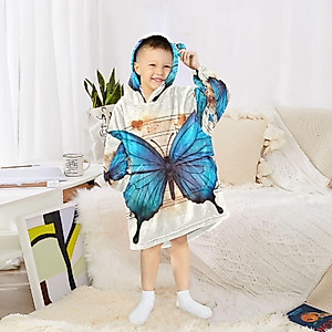 Jihqo Blue Butterfly Wings Wearable Blankets for Kids Sherpa Hoodie Blanket for Boys Girls Oversized Hooded Sweatshirt, M