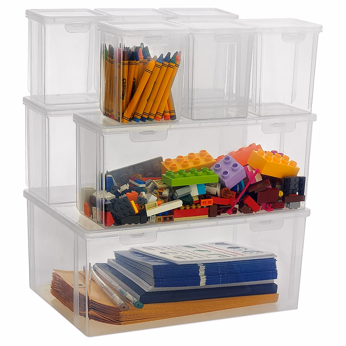 EZOWare 9 Pieces Clear Plastic Flip Top Latching Storage Box Container, Stackable Hinged Organization Bins With Latch Lid For Craft Room, Small Hobby - 3 Sizes