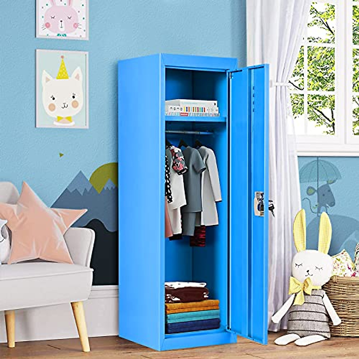 Costzon 48" Kids Locker Cabinet, Daycare Metal Coat Locker w/Hanging Rod & Shelf for Kids Room Bedroom School Classroom, 2-Tier Storage Locker w/ 2 Keys for Toys, Clothes, Sports Gear, Blue