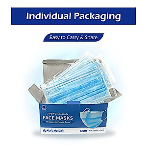 3-PLY BlueEagle Individually Wrapped Disposable Adult Face Masks | Fit for Large Face | with Soft Comfortable Inner Layer | For Men and Women | Blue Color - 50 Pcs (Sky Blue)
