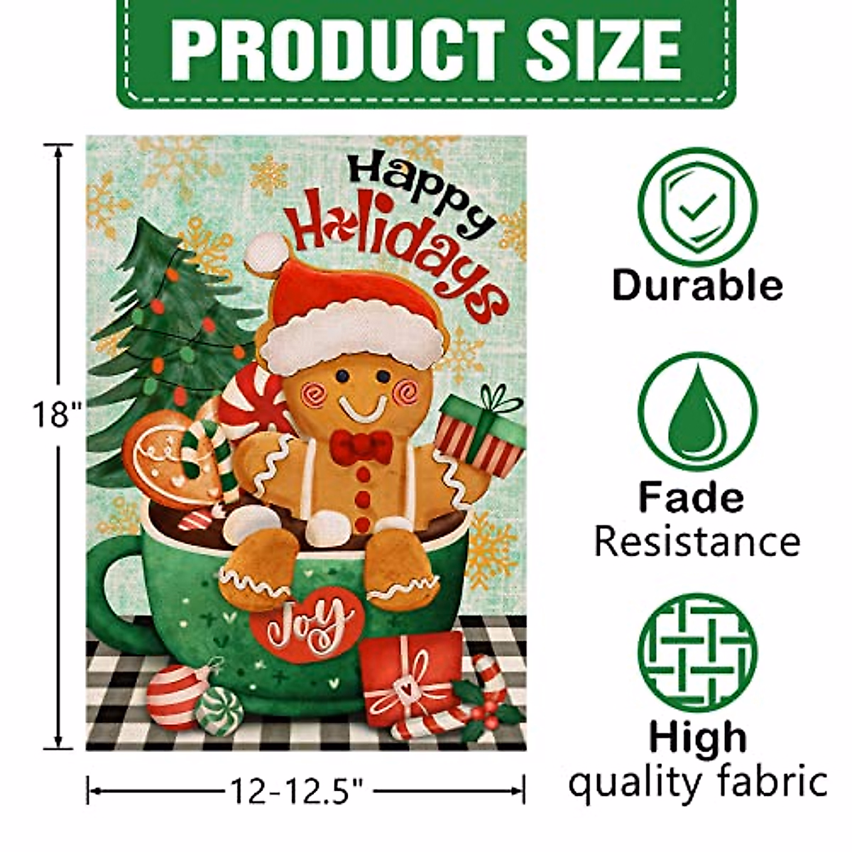 Dyreson Merry Christmas Joy Coffee Gingerbread Man Decorative Garden Flag, Xmas Happy Holiday Buffalo Plaid Check Yard Outside Decorations, Winter Farmhouse Outdoor Small Decor 12x18