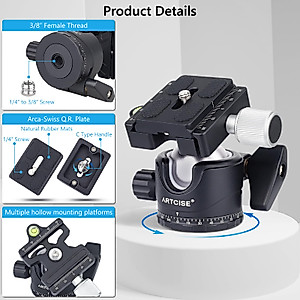 Low Profile Tripod Ball Head 36mm Stability Panoramic Tripod Head 360 Rotating Metal Ballhead with 1/4 inch Arca QR Plate for DSLR Cameras Tripods Monopods Camcorder Slider Max Loading 44.1lbs/20kg