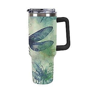 FZQVSGW Modern Dragonfly 40 Oz Tumbler with Handle And Straw Stainless Steel Vacuum Insulated Tumblers Reusable Keep Drinks Cold Coffee Cup Holder Friendly Gifts for Women Men Car Gym Travel