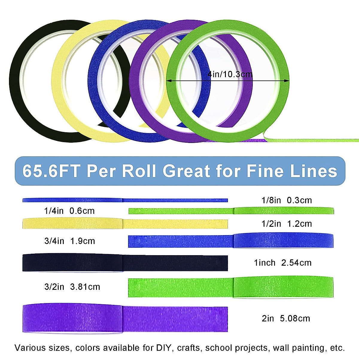 EDSRDRUS Thin Painters Tape 1/8, 1/4, 1/2 inch Width Painter Tape Paint Tape Masking Tape Pinstriping Tape, DIY Art TapeSmart Selection, 3" Large Core…