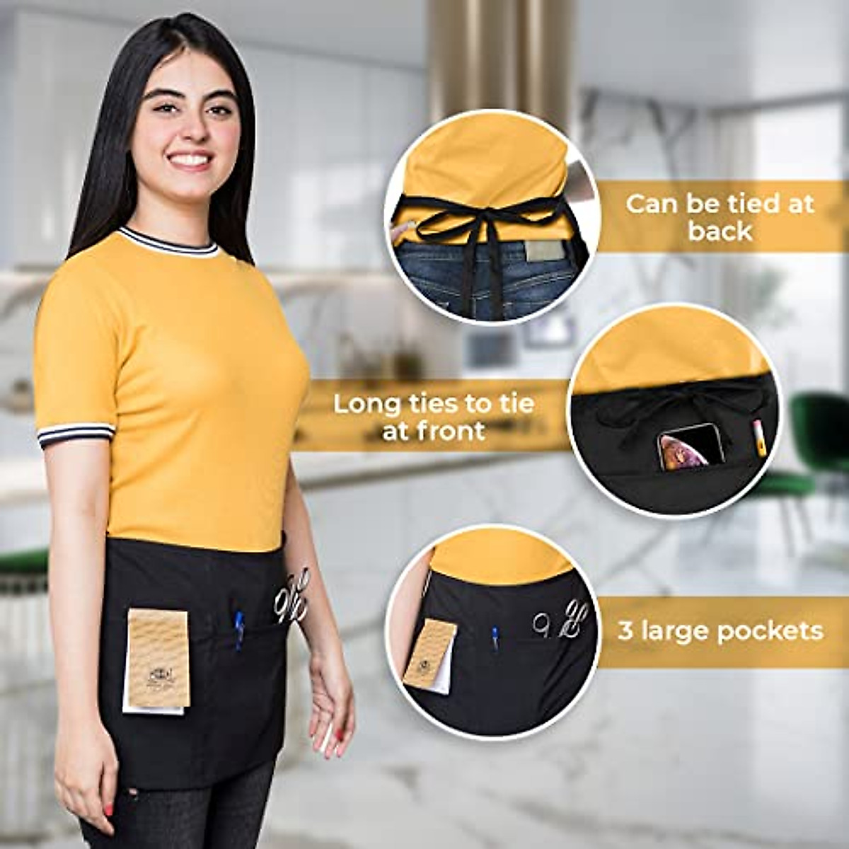 Avalon Kitchen Server Aprons Unisex Waist Aprons with 3 Pockets 24x12 Inches ­Waiter Waitress Apron Half Apron for Women