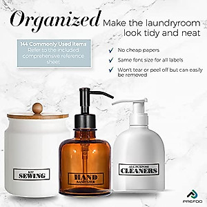 144 Laundry Room Labels for Containers, Prefdo Modern Farmhouse Waterproof Preprinted Canister Bin Stickers for Linen Closet and Laundryroom Organization(Black)