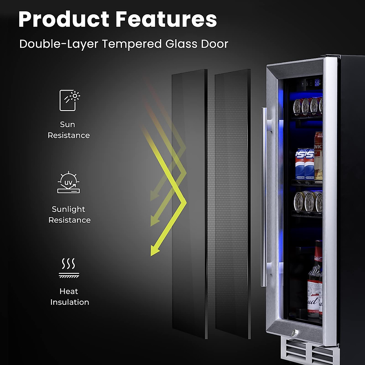 ORALNER 15“ Beverage Refrigerator Cooler Under Counter-100 Cans Mini Fridge Built-in/Freestanding Drink Fridge for Soda Beer, Lockable Glass Door Adjustable Shelves, Blue LED Light for Kitchen Bar