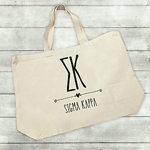 Greek Letters and Stylized Sigma Kappa Printed with Heart Design - Large Canvas Tote Bag for Women - Tote Bags for Sorority