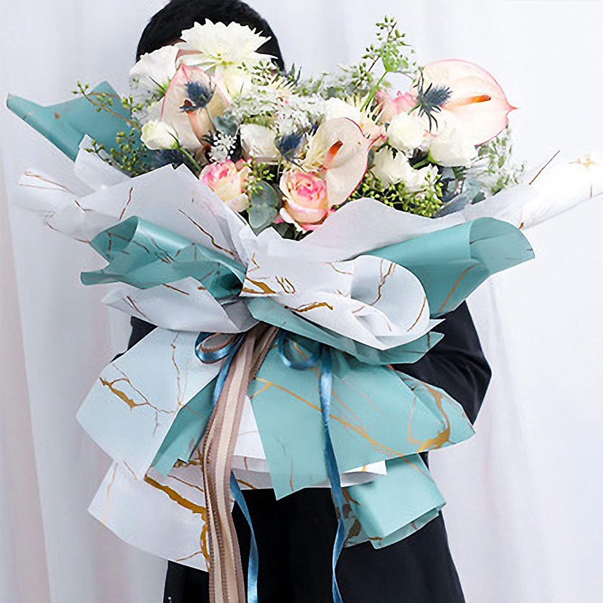 20 Sheets Flower Wrapping Papers Marble Flower Wrappers Waterproof Floral Bouquet Gift Package Paper Florist Packaging Supplies for Mother's Day Birthday Wedding Holiday Decoration