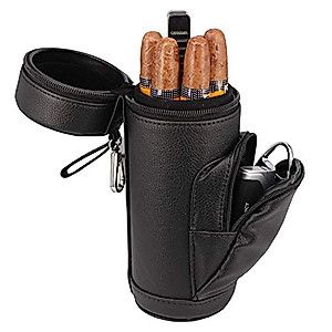 AMANCY Premium Handy Black Leather Travel Cigar Humidor Case with Accessory Pocket , Conveniently Carry Lighter and Cutter