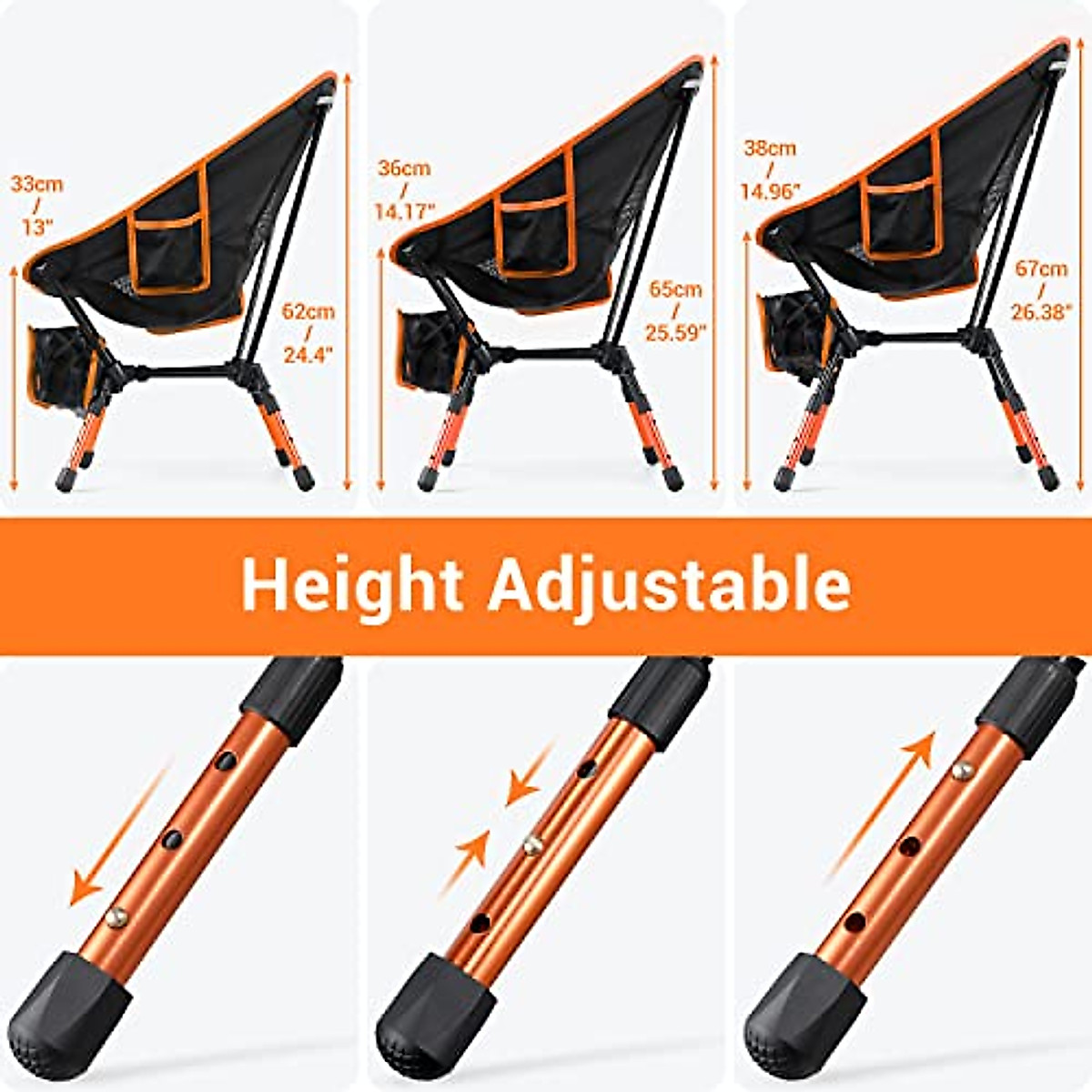 Sportneer Camping Chairs, Folding Chairs for Outside Adjustable Height Beach Chair for Adults Portable Camp Chairs Foldable Compact Backpacking Chair for Camping Hiking Picnic Outdoor (1, Orange)