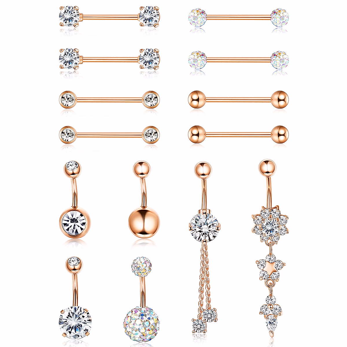 Drperfect Nipple Rings Dangle Belly Button Rings for Women 14G 316L Surgical Steel Curved Navel Barbell CZ Tongue Rings Nipple Piercing Jewelry