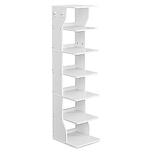 VASAGLE 7 Tier Vertical Shoe Rack, Narrow Shoe Storage Organizer with Hooks, Slim Wooden Corner Shoe Tower Rack, Robust and Durable, Space Saving for Entryway and Bedroom, White ULBS200T14