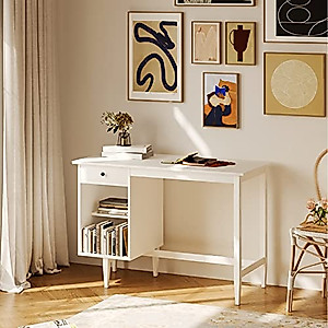 White Desk with Drawers & Shelves,43-inch Small Desk for Bedroom White Vanity Desk with Storage Drawer,Modern Home Office Computer Desk