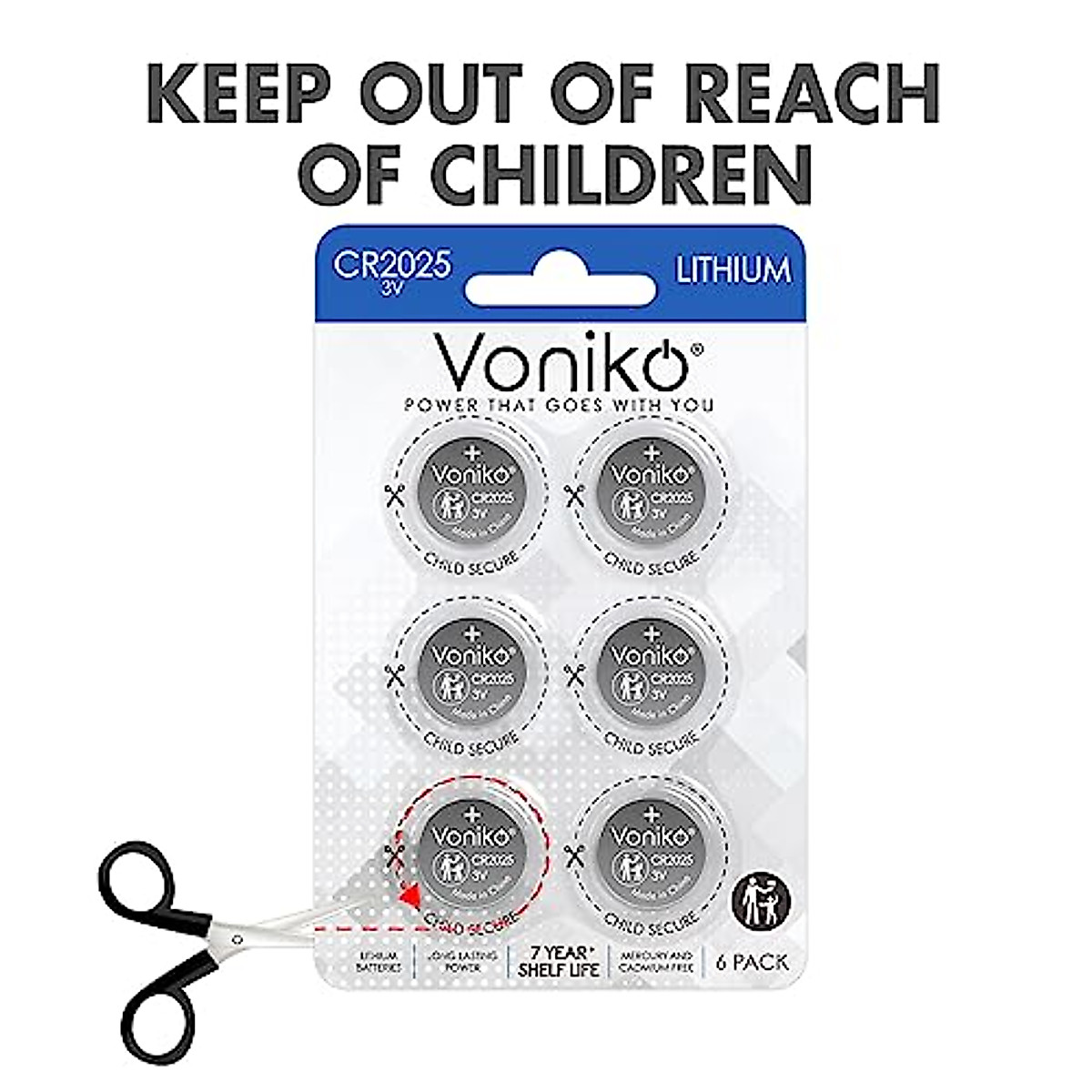 Voniko 3 Volt CR2025 Battery 12 Pack – CR 2025 Button Cell Battery – 2025 Lithium Coin Batteries, 7 Years Shelf Life