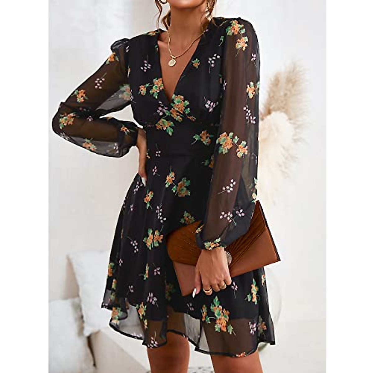 CUPSHE Women's Mini Dress Floral Print Chiffon Flowy Dresses Long Sleeve Dress for Women