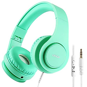 Kids Wired Headphones with Microphone, 85/94dB Volume Limiter, Shareport, Foldable Adjustable Stereo Tangle-Free 3.5MM Wire Cord Over-Ear Headphone for Smartphones/PC/Tablet/School/Trip(Green)