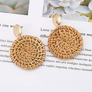 Rattan Earrings Handmade Straw Wicker Braid Woven Drop Earrings Boho Round Disc Earrings Lightweight Statement Stud Earrings For Women (metal disc)