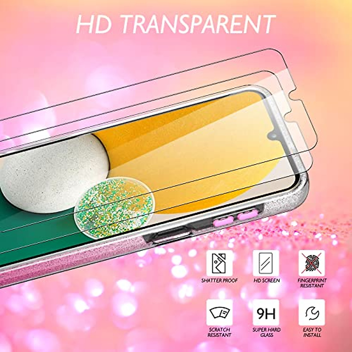 KSWOUS for Galaxy A14 5G Case with Screen Protector [2 Pack], Glitter Sparkly Bling Pink Protective Cover with Kickstand for Women Girls Slim Shockproof Case for Samsung A14 Phone Case (Pink