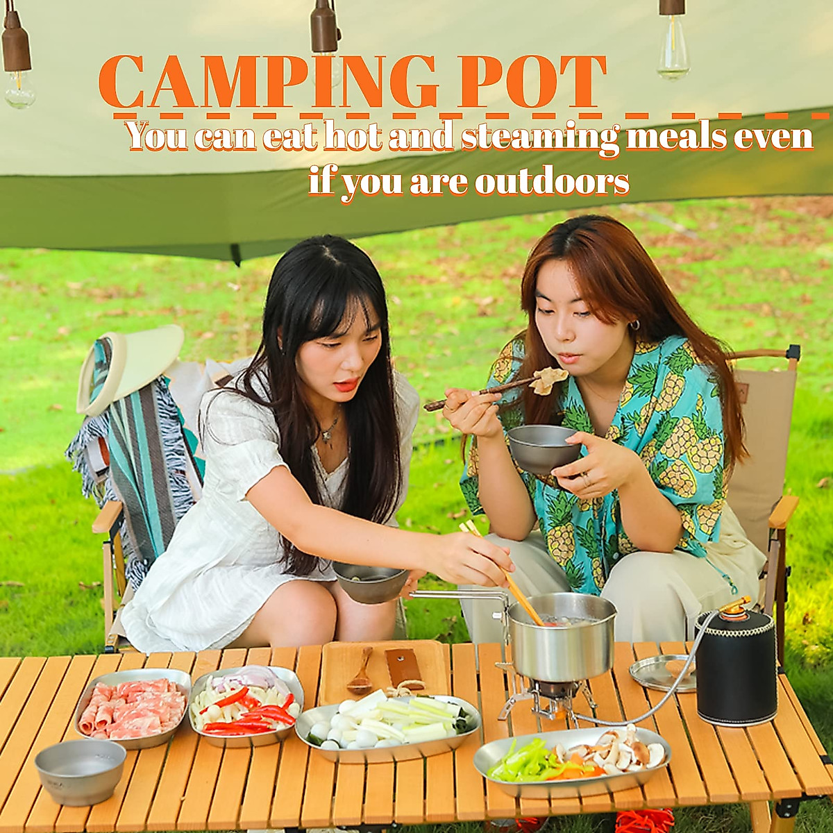 Xiuganpo Camping Pot Cookware, Stainless Steel Lunch Container 1L Backpacking Picnic Cooking Bento Box with Foldable Handle Portable Open Fire Stockpot Kettle for Outdoor Hiking, default