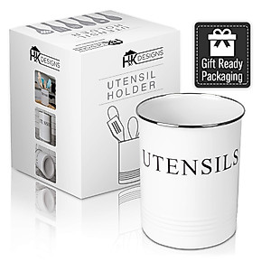 Kitchen Utensil Holder - Farmhouse Decor for Home - White Crock Organizer Caddy - Great for Large Cooking Tools by H+K Designs