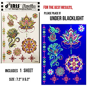 Temporary Tattoos – 3 Sheets Tattoo Design Body Art Blacklight Reactive Light Festival Accessories Glow in the Dark Party Supplies | 7.2” x 5.2” Temp Tattoos Great for EDM EDC Party Rave Parties