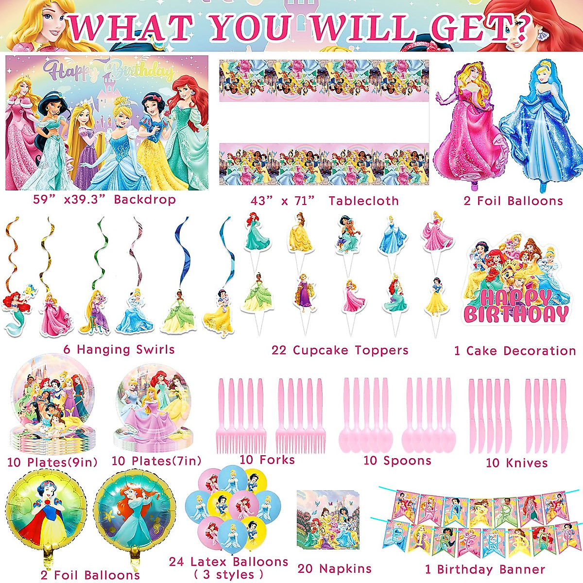 Princess Birthday Decorations - Princess Party Decorations include Banner Tablecloth Backdrop Ballons Cake Cupcake Toppers Tableware Haning Swirls, Princess Birthday Party Supplies