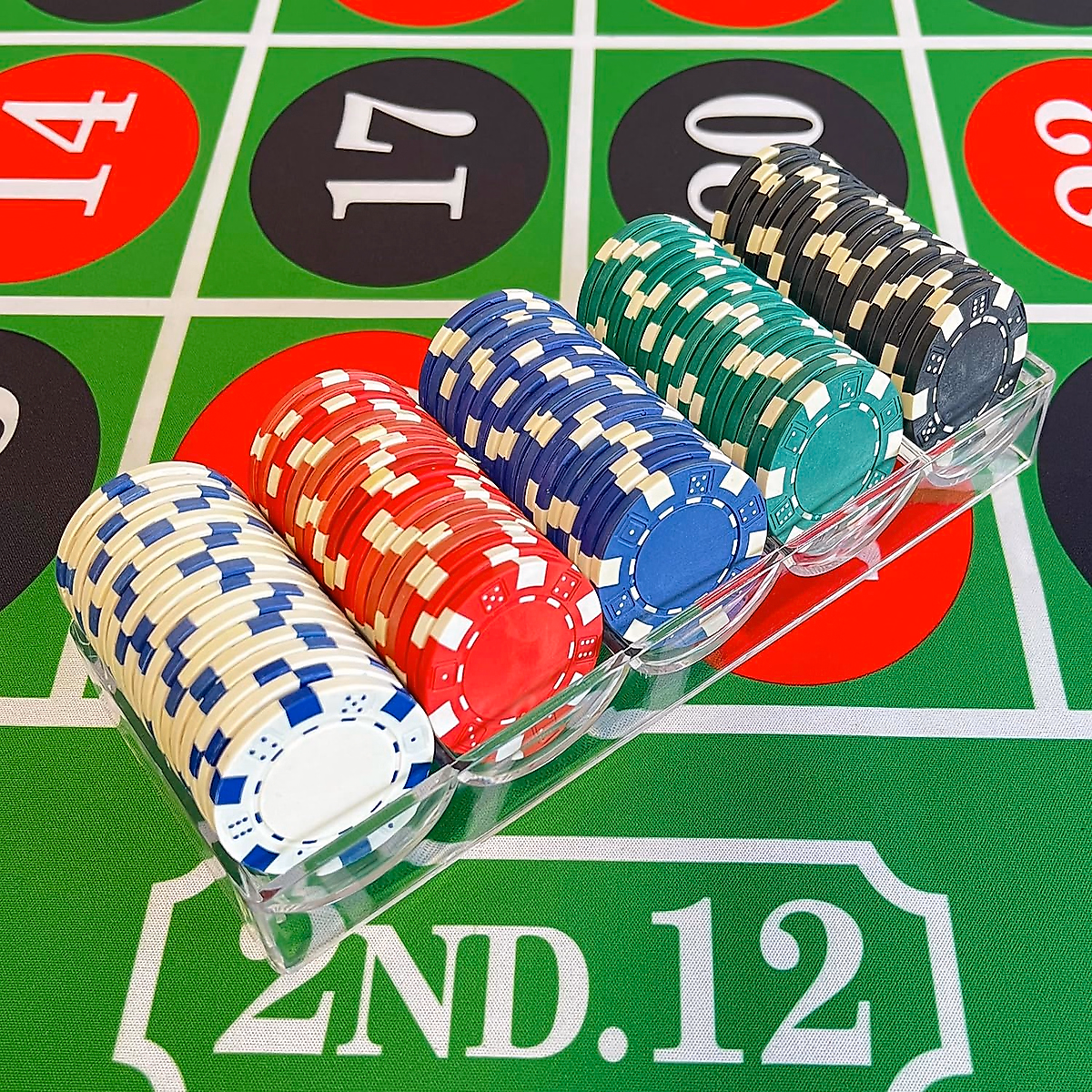 SEETOOOGAMES 100 Pieces 11.5g Clay Composite Dice Striped Casino Poker Chips- 4 Colors (red, Green, White and Blue)