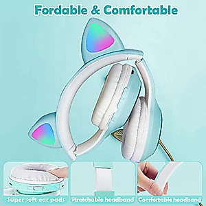OONOL Kids Wireless Bluetooth Headphones, LED Light Over Ear Foldable Headphone with Microphone and Wired for Girls Women (Blue)
