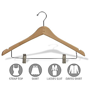 The Great American Hanger Company Curved Wood Combo Hanger w/Adjustable Cushion Clips, Box of 100 17 Inch Wooden Hangers w/Natural Finish & Chrome Swivel Hook & Notches for Shirt Jacket or Dress