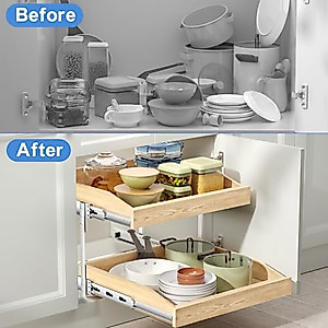 LOVMOR 2 Tier Pull Slide out Cabinet Organizer 19½"W x 21" D,Cabinet Drawer Organizer with U Bracket,Slide out Pantry Shelves with Full Extension Rail Slide, Pull out Drawer for Kitchen Cabinet