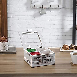 MyGift Shabby Whitewashed Solid Wood Tea Box Organizer with 4 Compartments, Teabag Storage Chest with Clear Acrylic Lid and Latch
