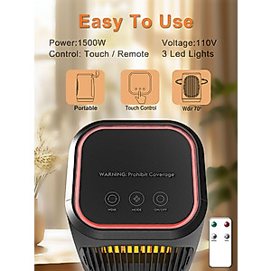 IWENUAN Space Heater, Portable Electric Heaters for Indoor Use with Thermostat, 3 Modes, 70° Oscillation, Remote, 1500W PTC Ceramic Fast Safety Small Heater for Bedroom Office Desk (Black)