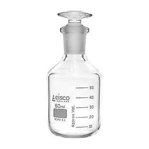 EISCO Reagent Bottle, 60mL - Graduated - Narrow Mouth with Solid Glass Stopper - Borosilicate Glass