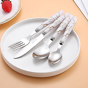 24-Piece Set of Marble pattern Handle Cutlery Set Kitchen Silverware Tableware Main Stainless Steel Knife and Fork Spoon Commercial Steak Coffee Western Tableware (White)