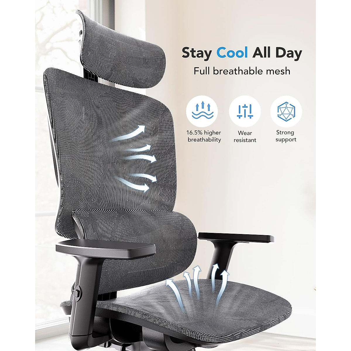 HUANUO Ergonomic Mesh Office Chair, High Back Desk Chair with 5-Level Lumbar Support, Adjustable Headrest, Armrests, Rocking Tilt, Computer Mesh Chair for Home Office Gaming