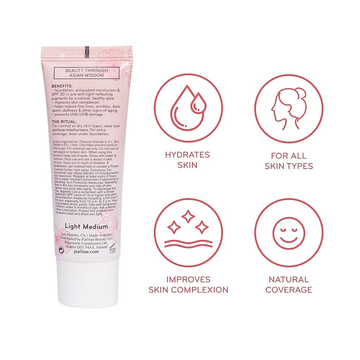 Purlisse Ageless Glow Serum BB Cream SPF 40 - Glow BB Cream with SPF Enriched with Bakuchiol & Vitamin C to Help Improve Firmness & Reduce Wrinkles for Dewy Skin - Light Medium (1.4 oz)