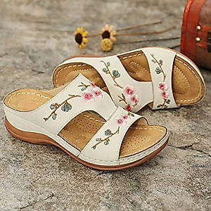 Aniywn Summer Slippers Womens Wedge Heel Embroidery Floral Sandals Women's Shoes Open Toe Arch Support Women Shoes