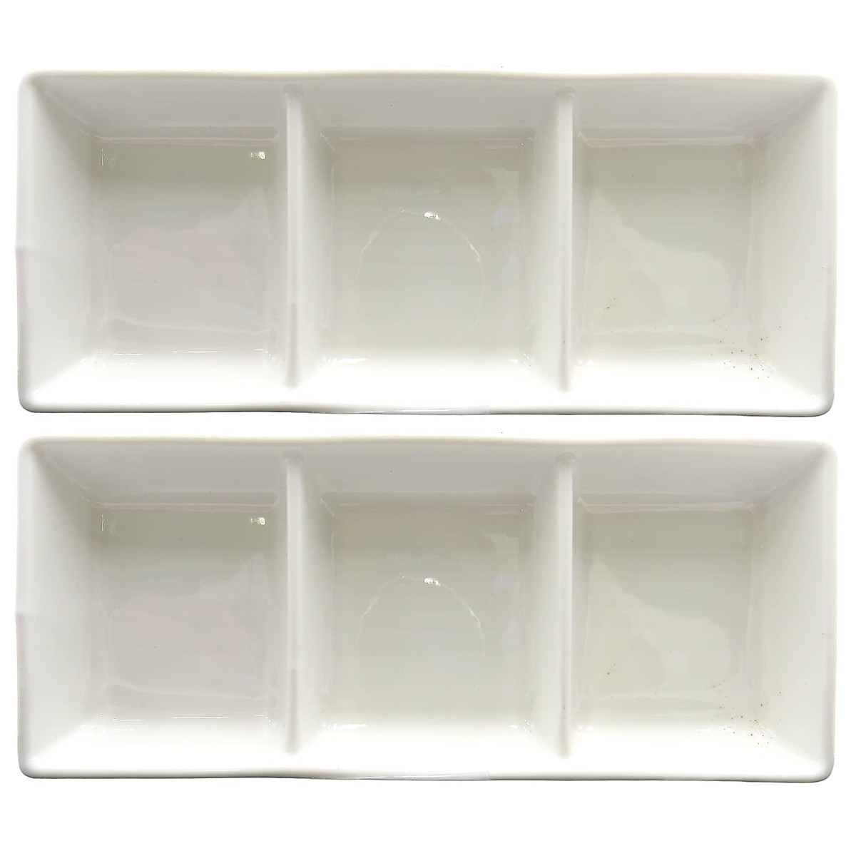 Needzo White Rectangle Dinnerware Platter, 8 Inch, 3 Compartment Ceramic Long Sushi Plate, Serving Tray for Dinner, Appetizers, and Dipping Sauces