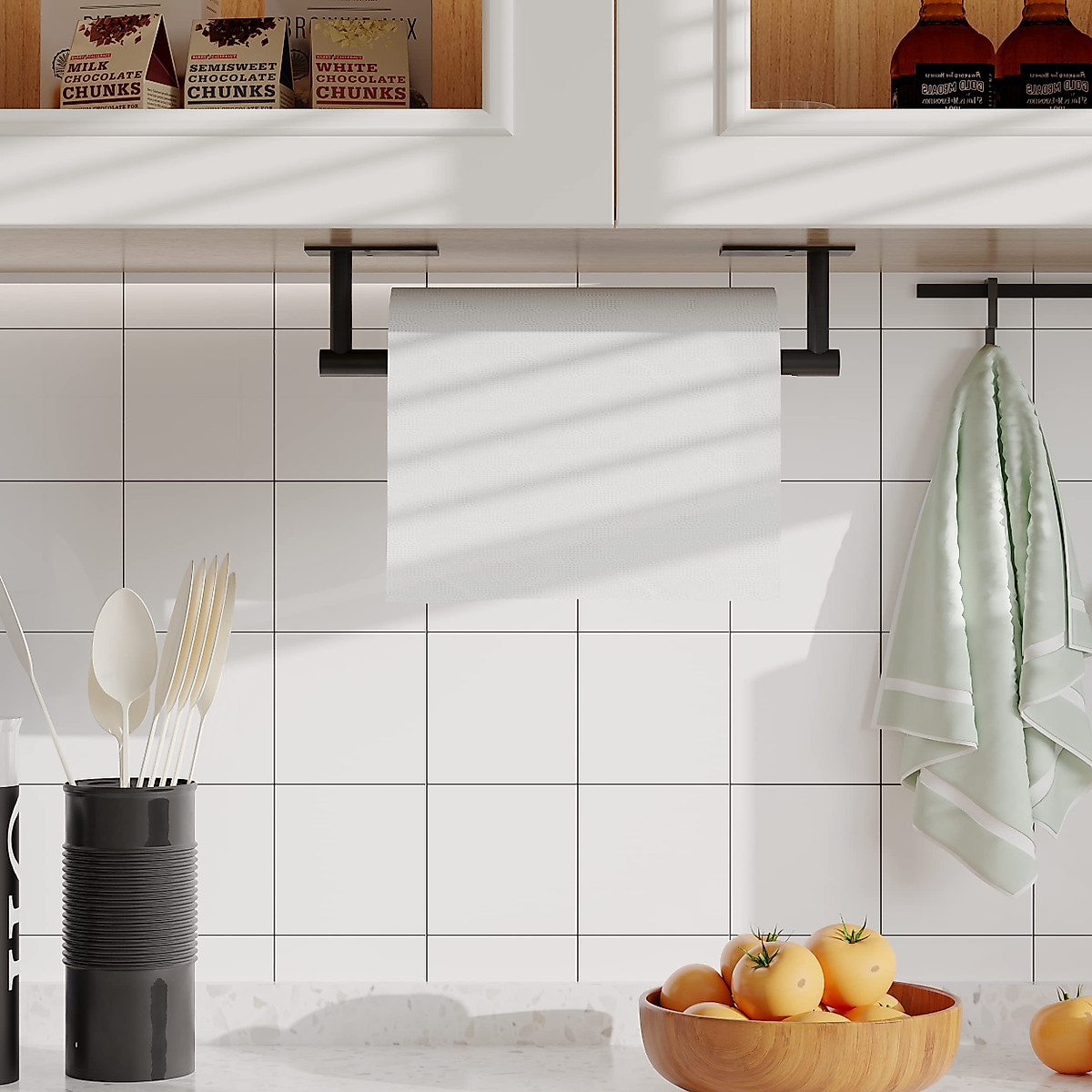 Ruacq Matte Black Paper Towel Holder Double Post Pivoting Square Base Under Cabinet Paper Towel Holder for Kitchen Self-Adhesive or Drill mounting